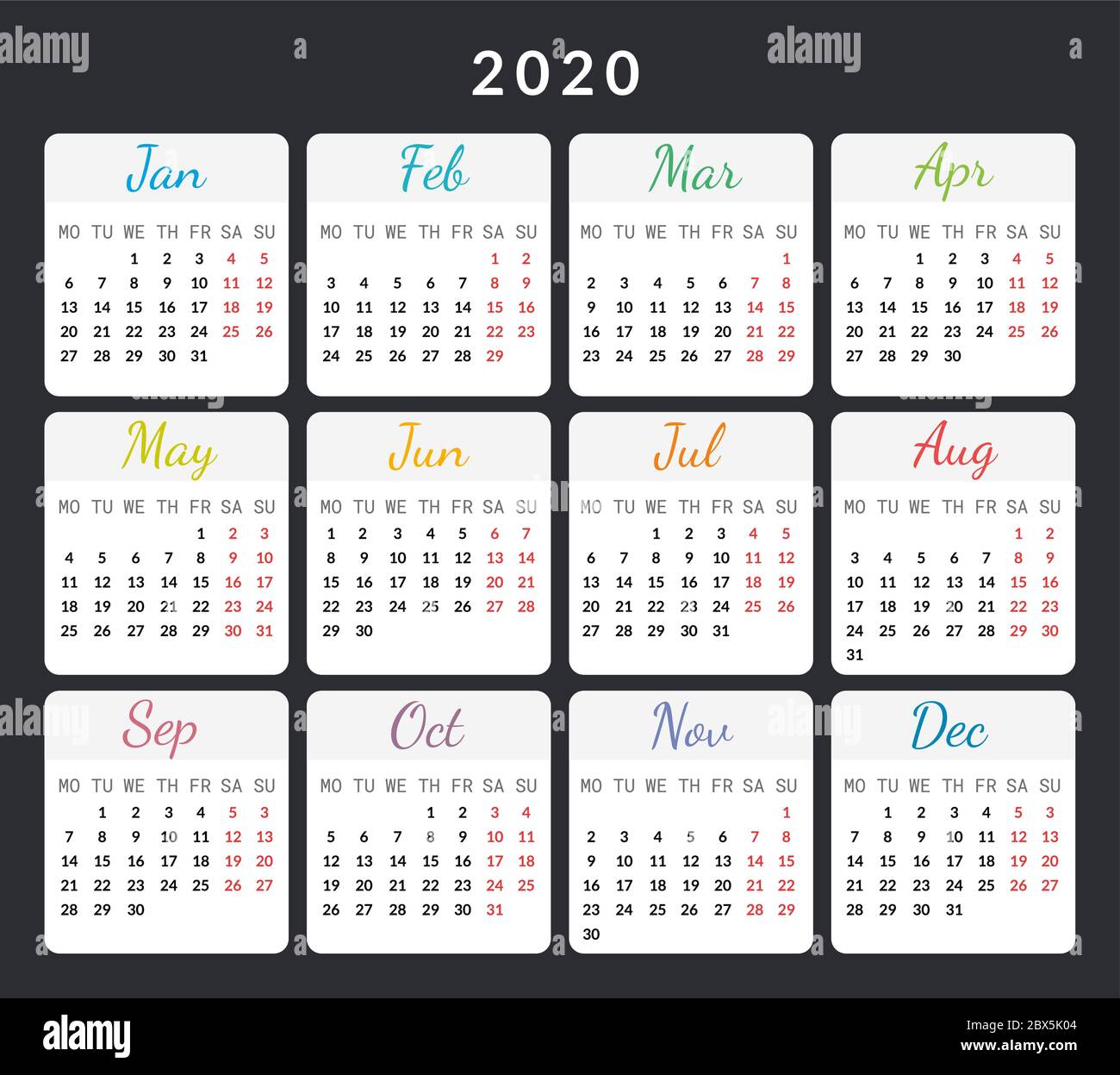 2020 year calendar cards isolated on dark background vector ...