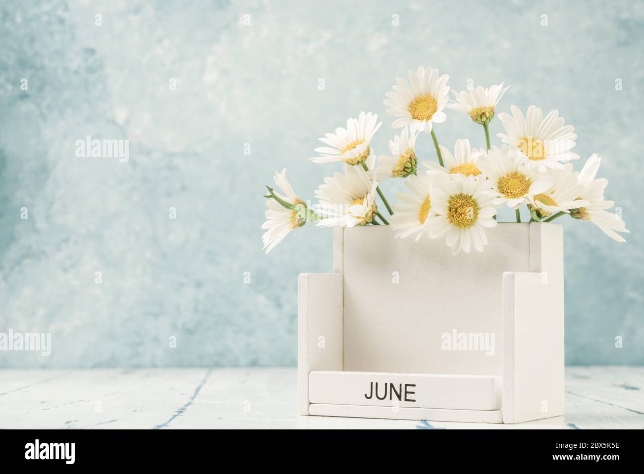 White cube calendar for june decorated with daisy flowers over blue ...