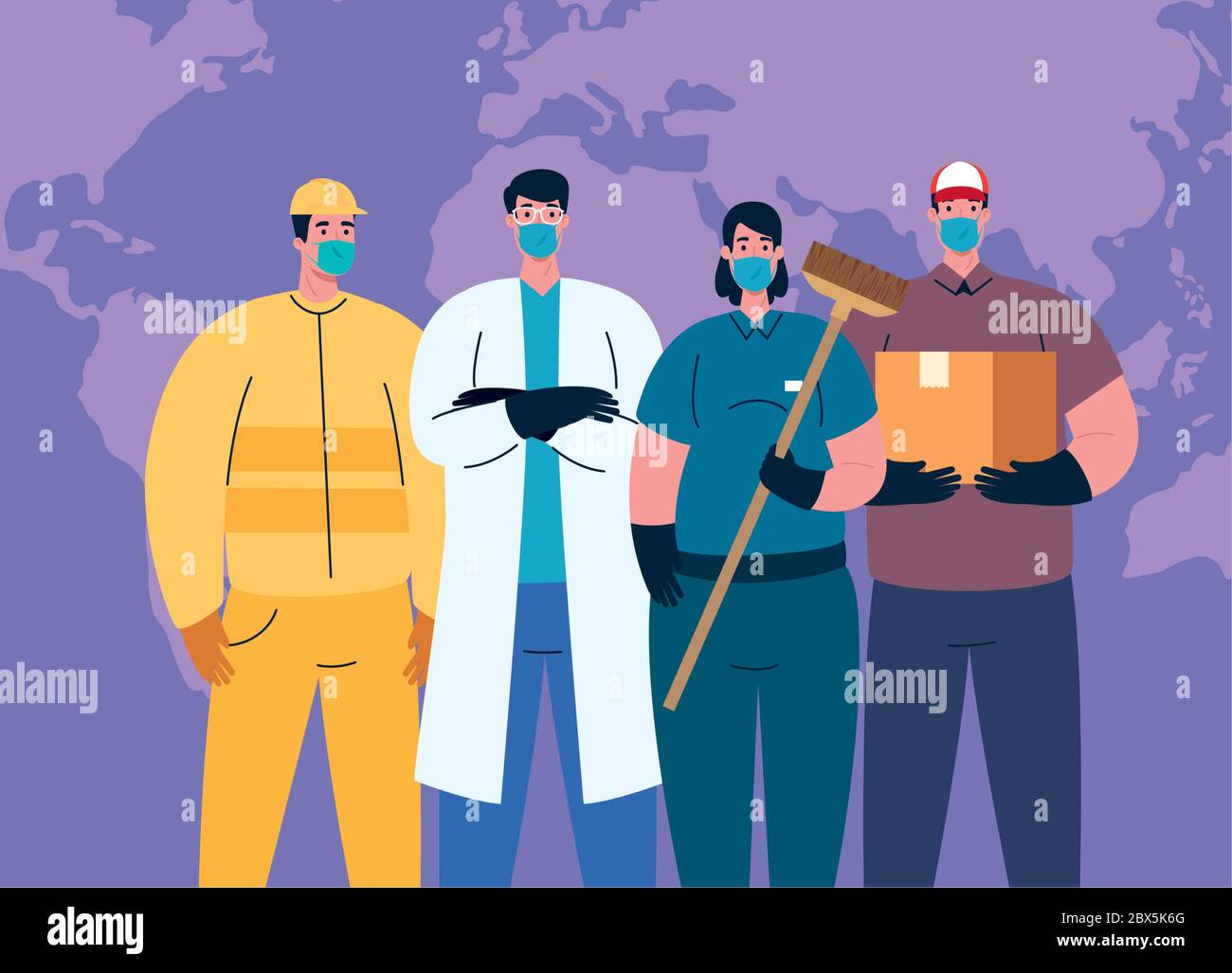 people workers with workermasks and world map vector design Stock ...