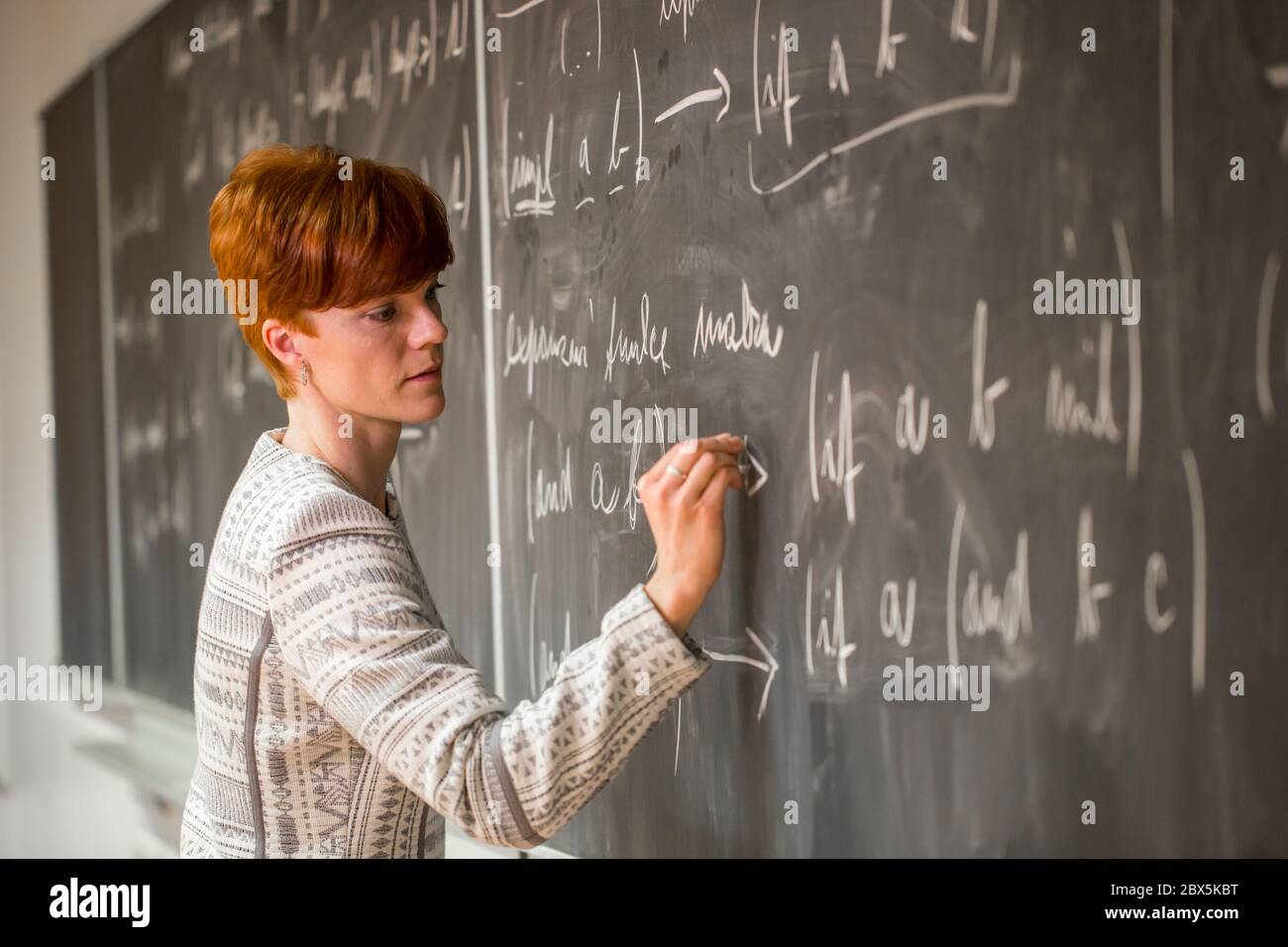 Teacher and action, presenting new curriculum to pupils on blackboard ...