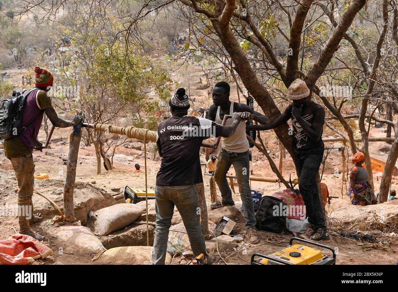 MALI, Kayes, Sadiola, artisanal gold mining at Camp SIRIMANA, winch to ...