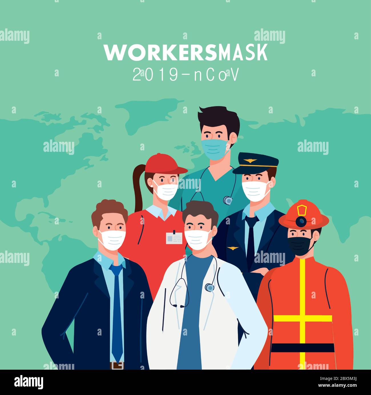 people workers with workermasks and world map vector design Stock ...