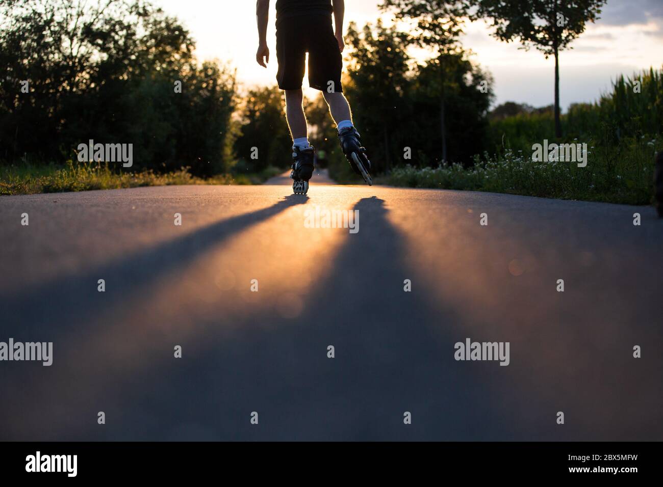 Young man enjoying roller skating on the bicycle path during lovely ...