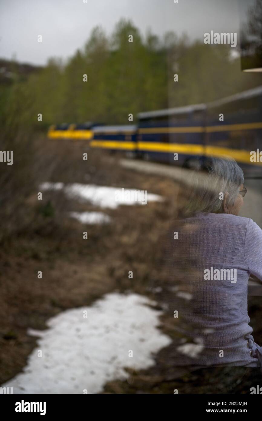 Woman Train Passenger Reflection from rear with Background of Mountains ...