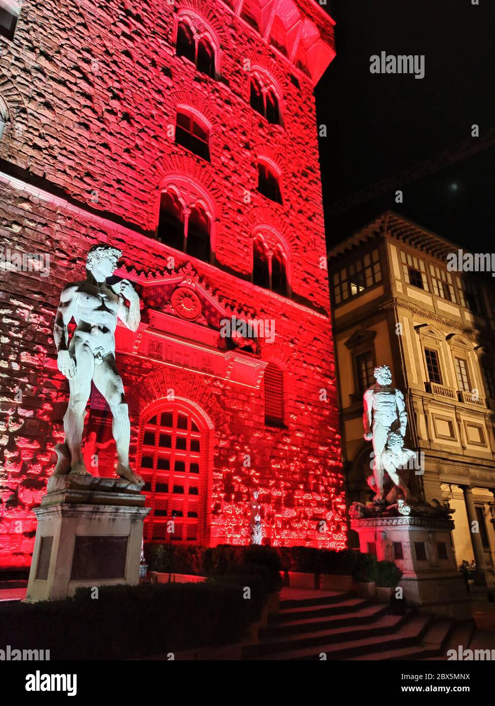Italy, Tuscany, Florence, the Palazzo Vecchio with italian flag colors ...