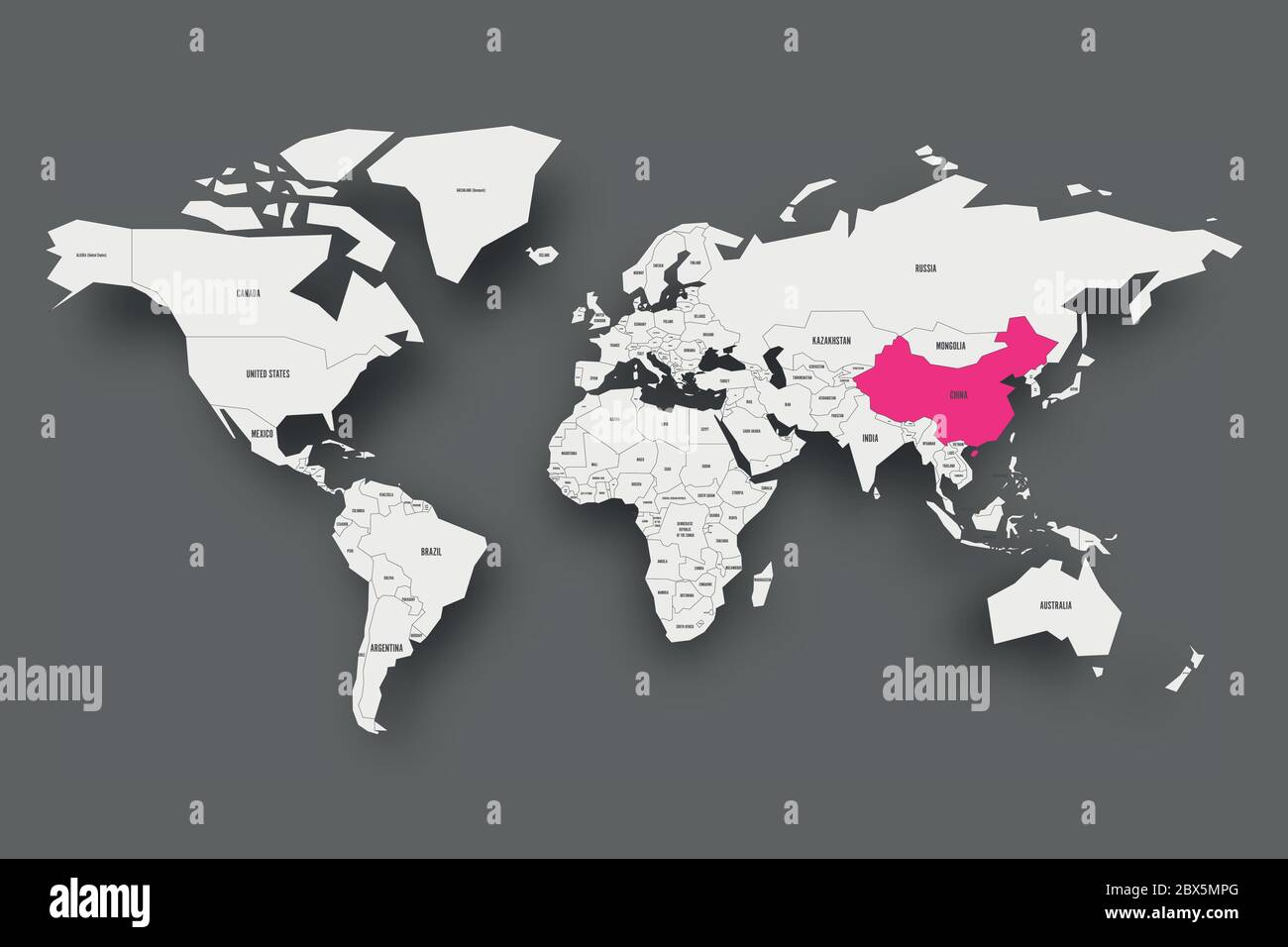 China pink highlighted in map of World. Light grey simplified map with ...