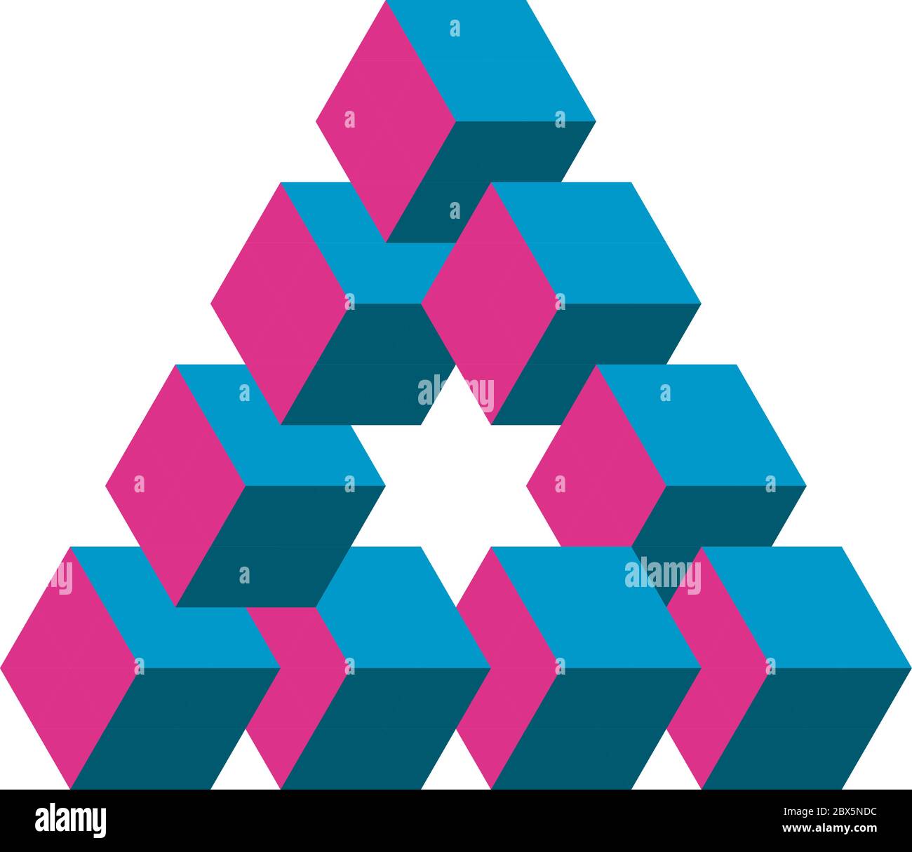 Impossible triangle in three different colors. Cubes arranged as ...