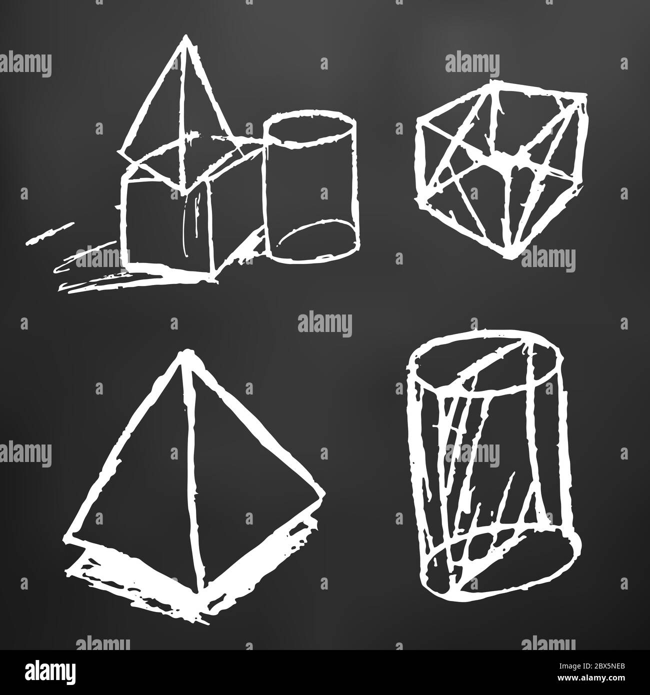 Cute children's drawing. White chalk on a black board. Icons, signs ...