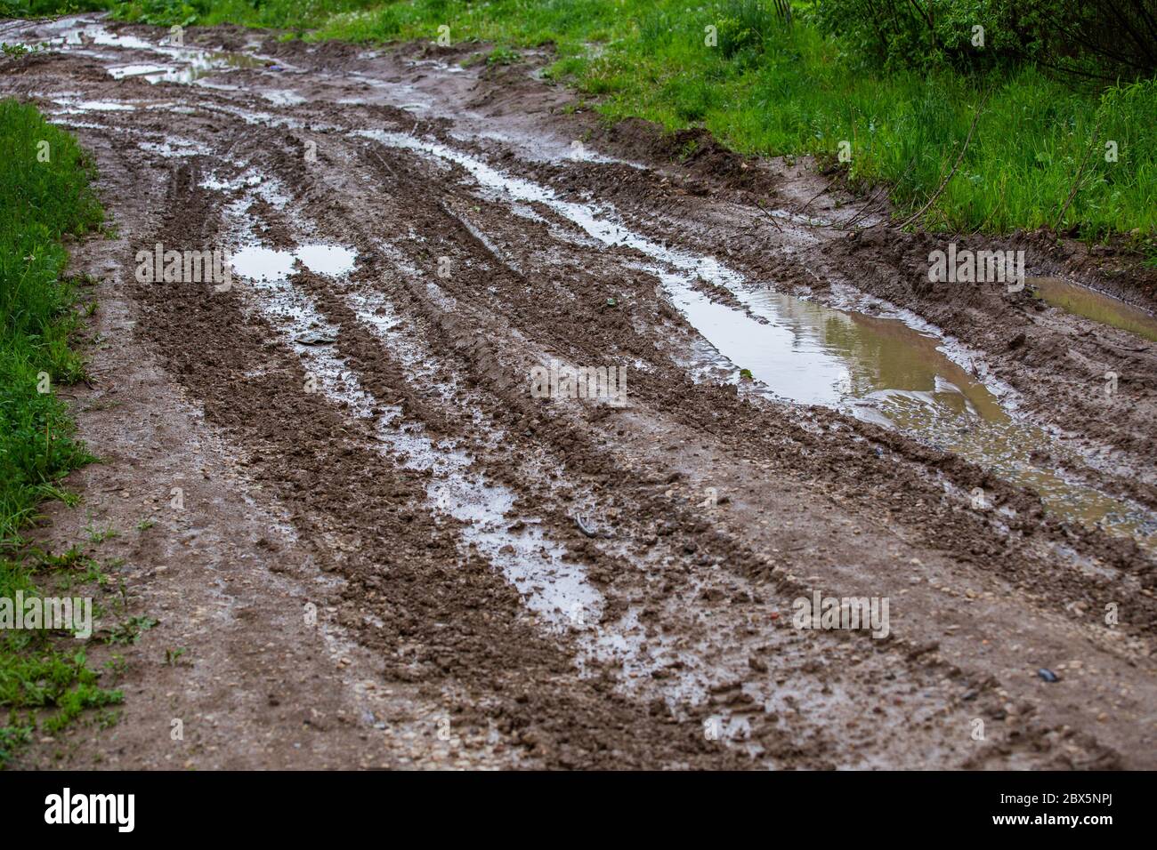 dirty clay mud road with puddles and tire tracks - closeup with ...