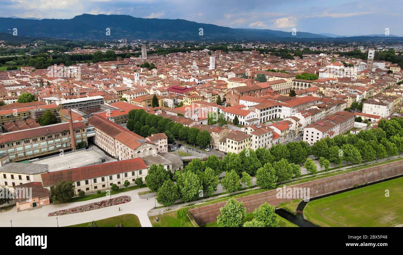 Amazing aerial view of Lucca medieval town in Tuscany, Italy Stock ...