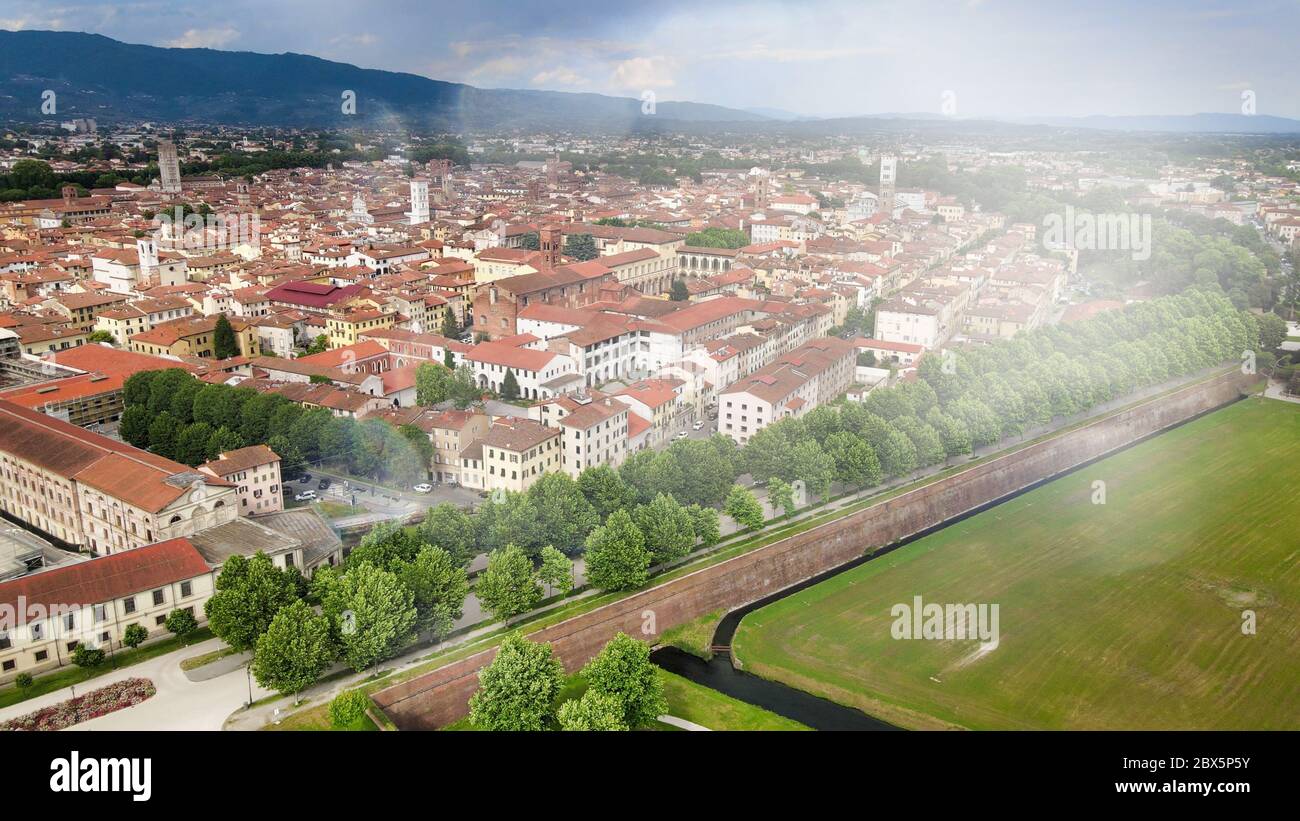 Amazing aerial view of Lucca medieval town in Tuscany, Italy Stock ...