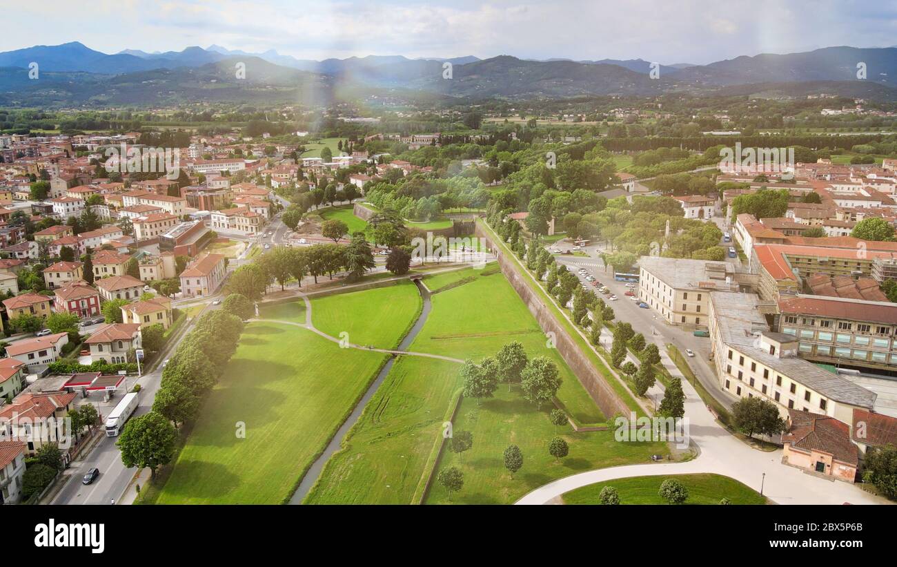 Amazing aerial view of Lucca medieval town in Tuscany, Italy Stock ...