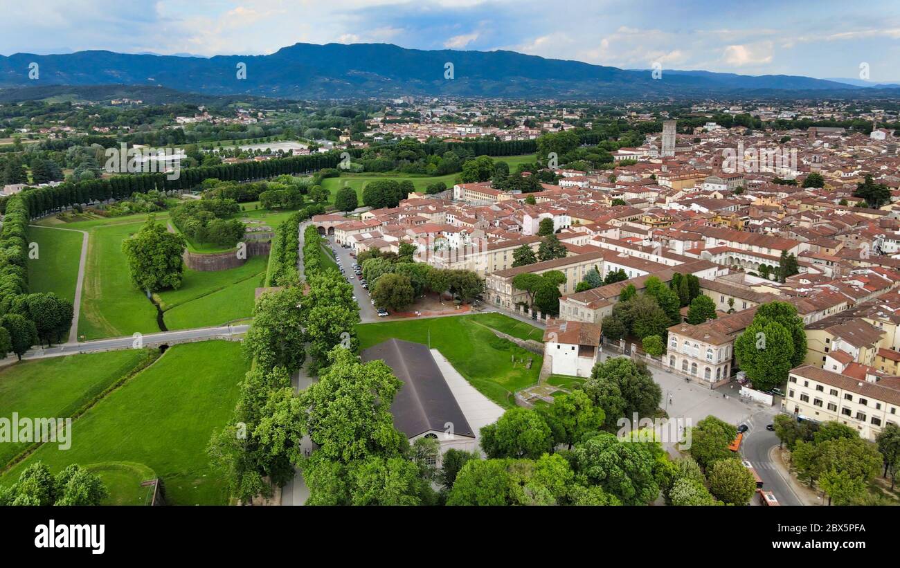 Amazing aerial view of Lucca medieval town in Tuscany, Italy Stock ...