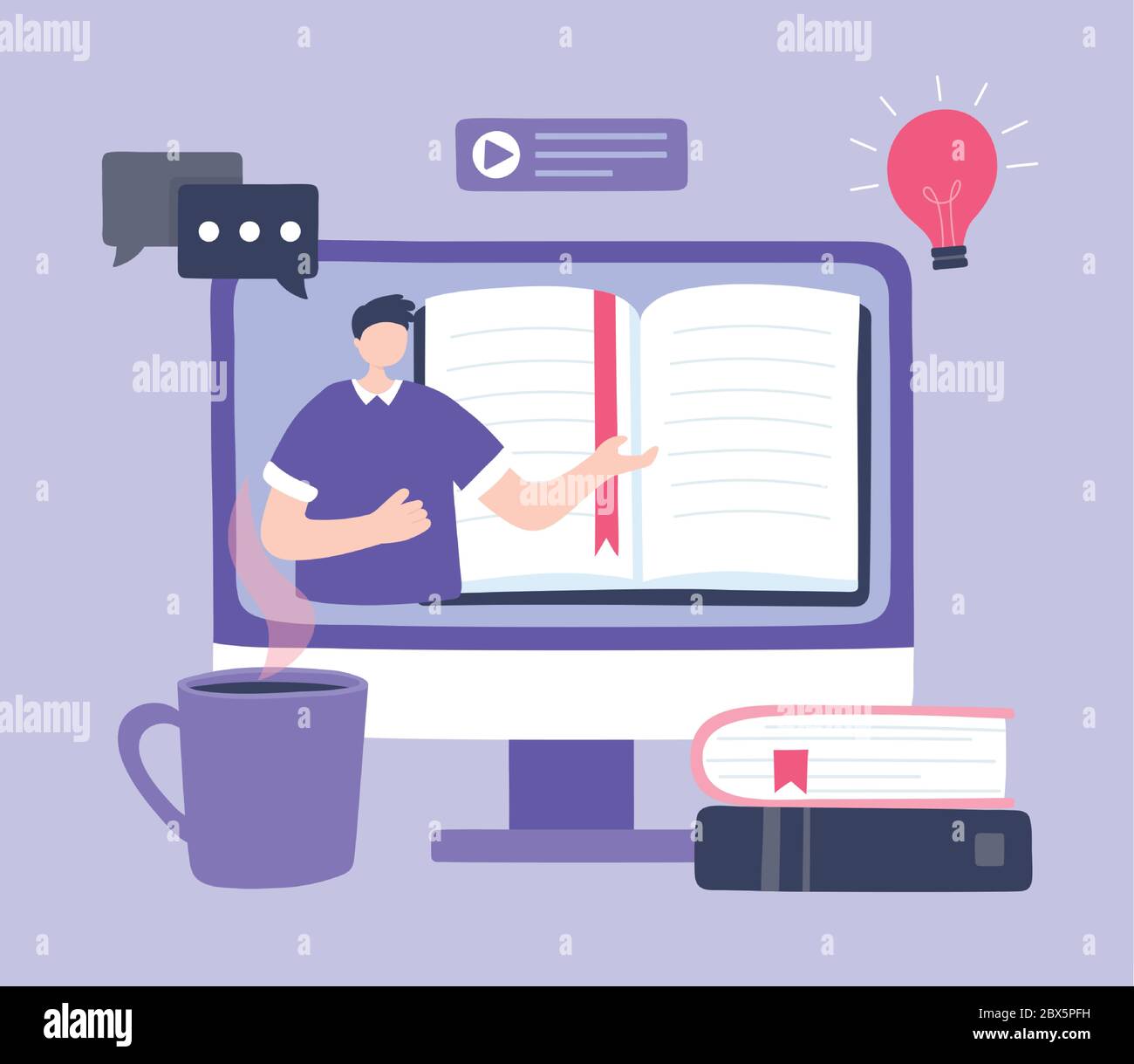 online training, man in video teaching computer lesson books, courses ...