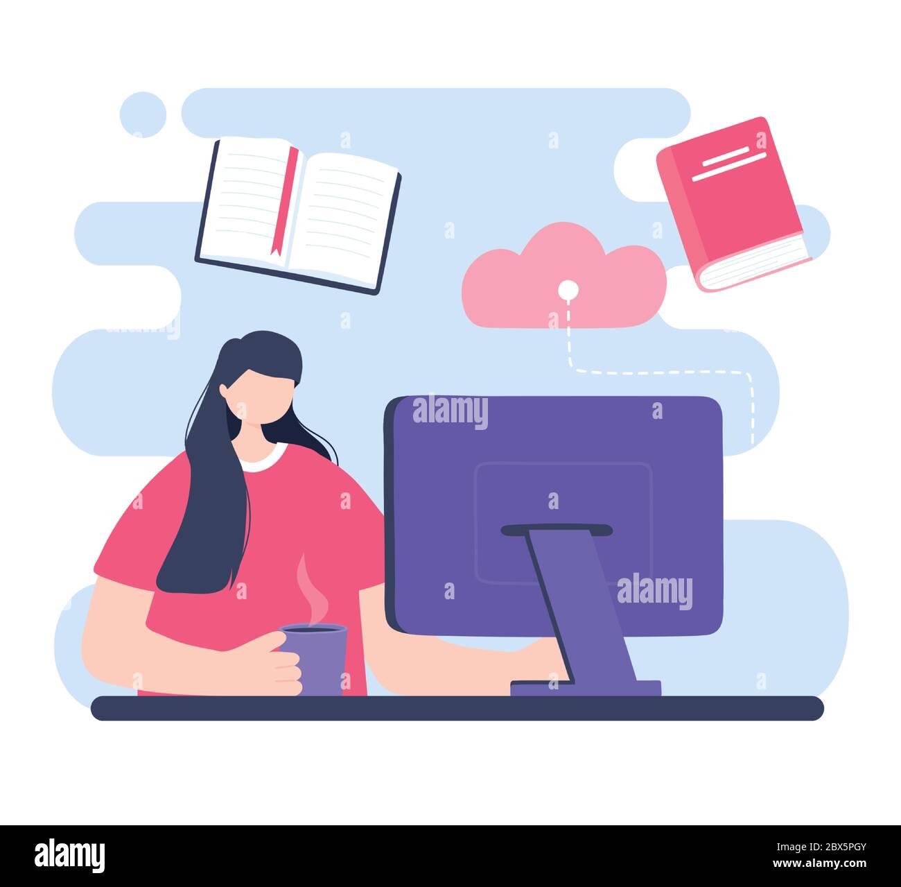 online training, girl with computer studying, courses knowledge ...