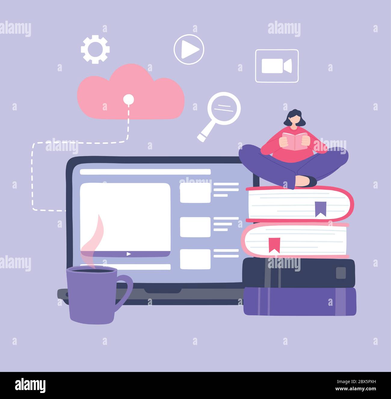 online training, laptop and girl sitting on books, courses knowledge ...