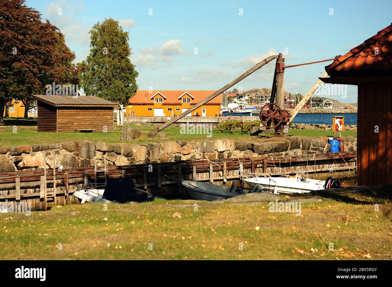Harbor view in town Stavern, Vestfold, Norway on a clear summer day ...