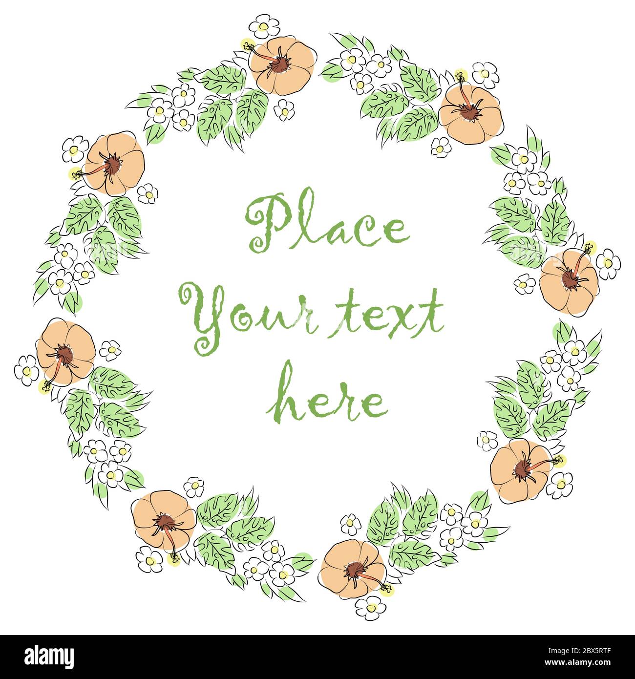 Round frame of flowers and leaves with a place in the center for your ...