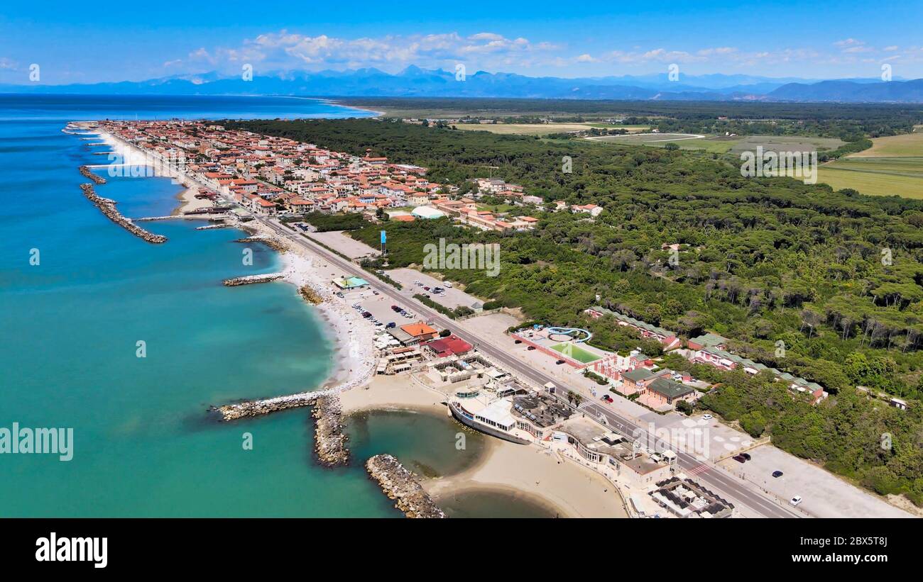Amazing aerial view of Marina di Pisa coastline, Tuscany. Italian coast ...