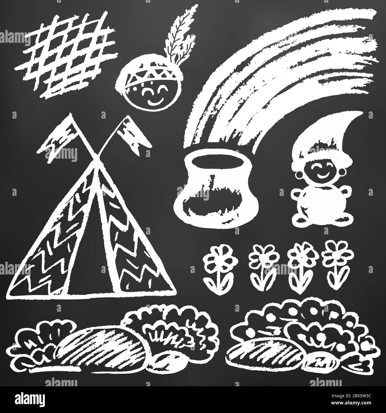 Cute children's drawing. White chalk on a black board. Icons, signs ...