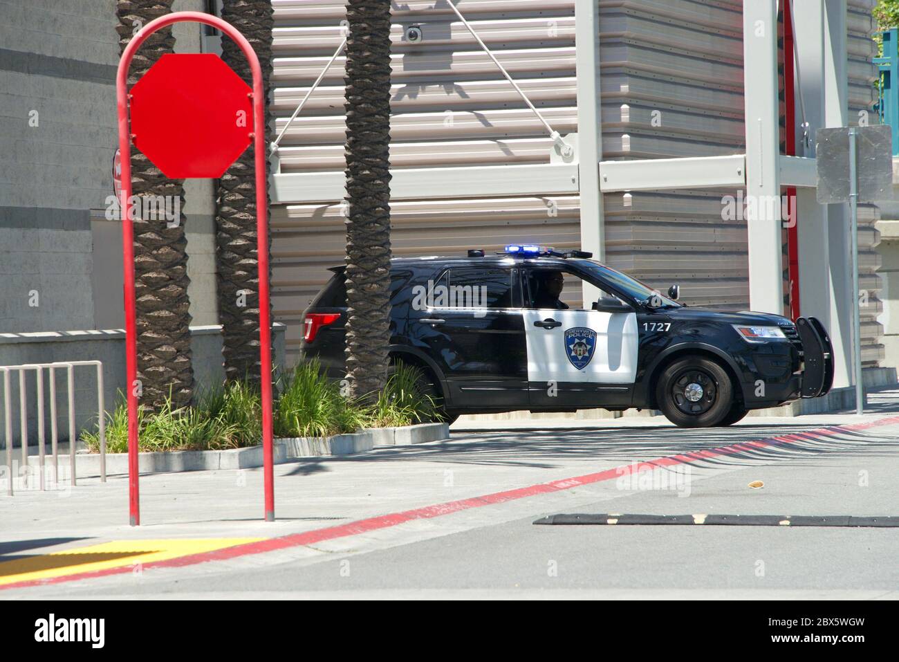 Emeryville, CA - June 1, 2020: Police cruiser stands by to provide ...