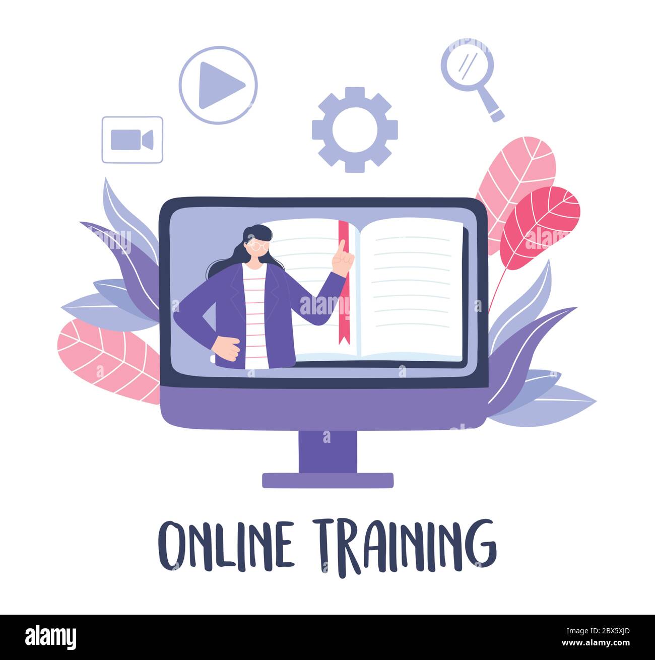 online training, computer woman in video teaching, courses knowledge ...