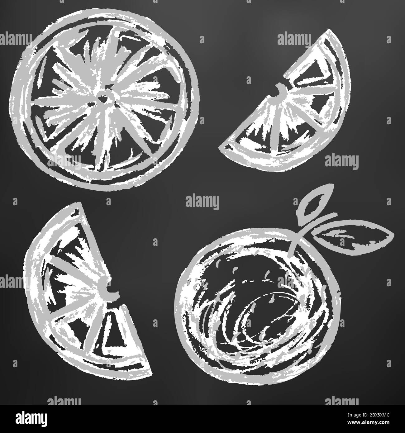 Cute children's drawing. White chalk on a black board. Icons, signs ...