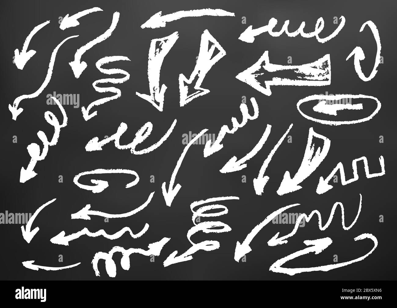 Cute children's drawing. White chalk on a black board. Icons, signs ...