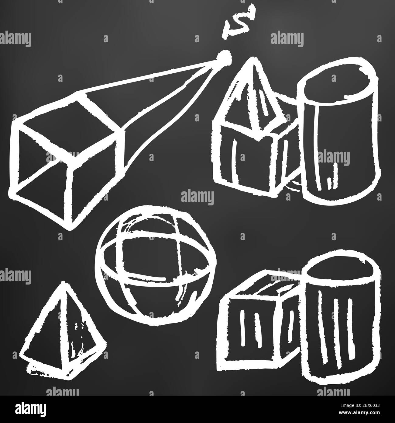 Cute children's drawing. White chalk on a black board. Icons, signs ...