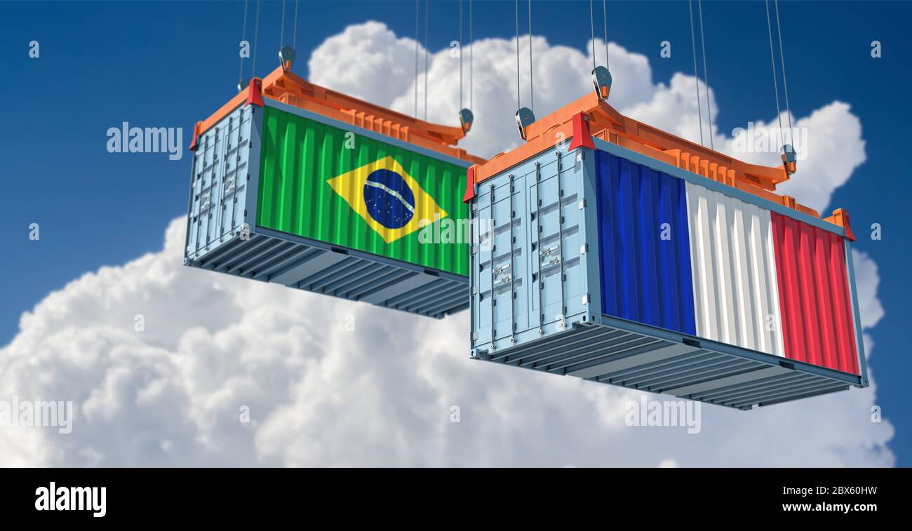 Shipping containers with Brazil and France flag. 3D Rendering Stock ...