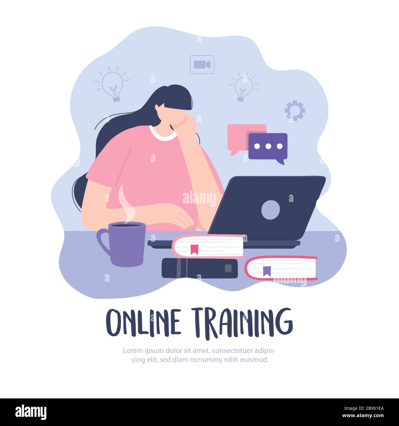 online training, girl with laptop platform web study, courses knowledge development using ...
