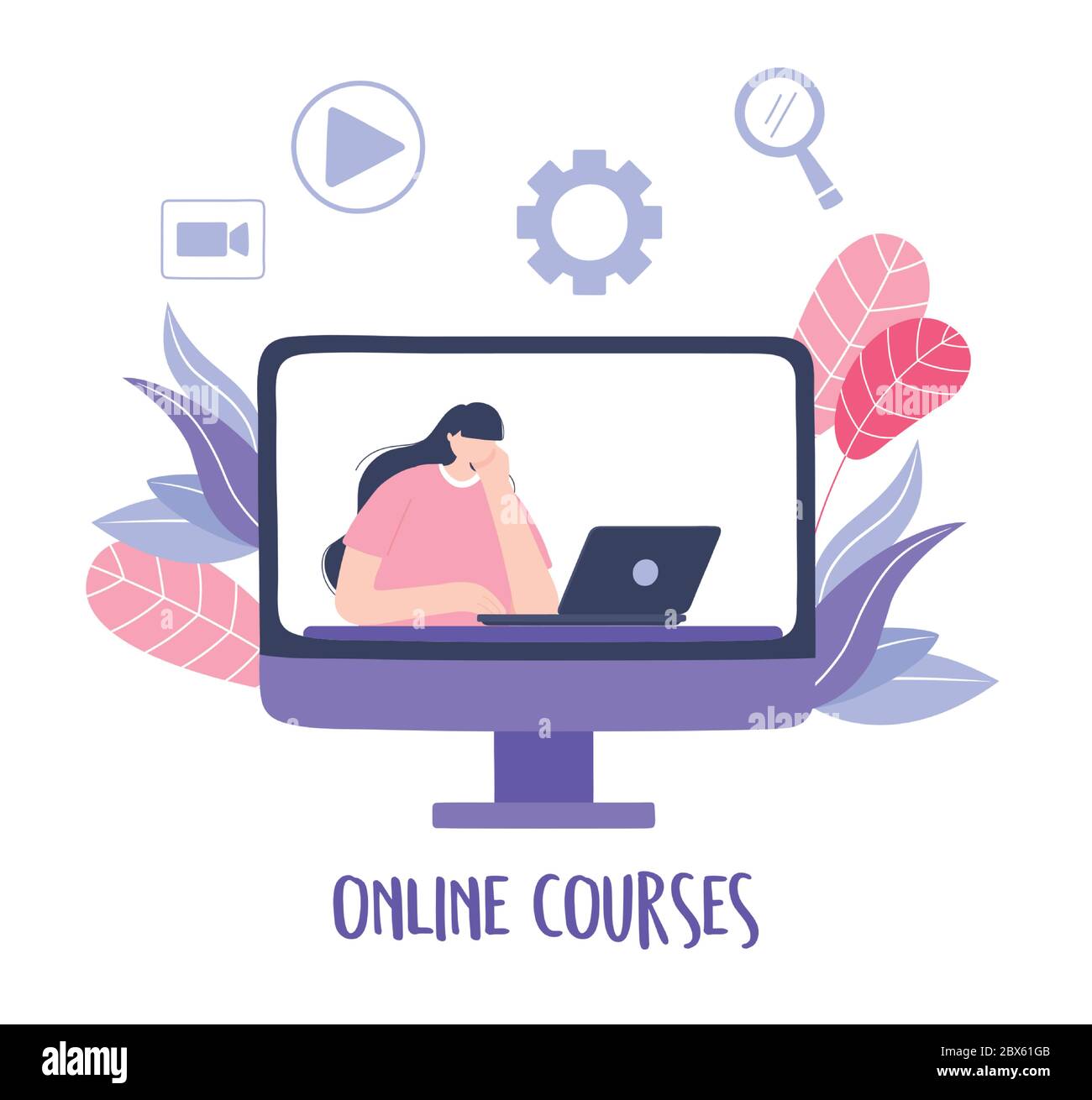 online training, computer with girl using laptop video, courses ...