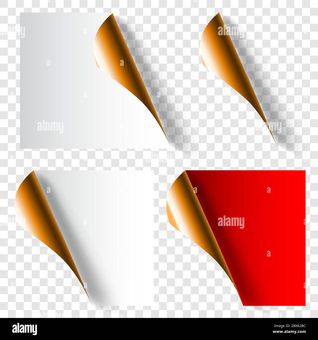 Set of realistic curled paper corners in white, red and golden colors ...