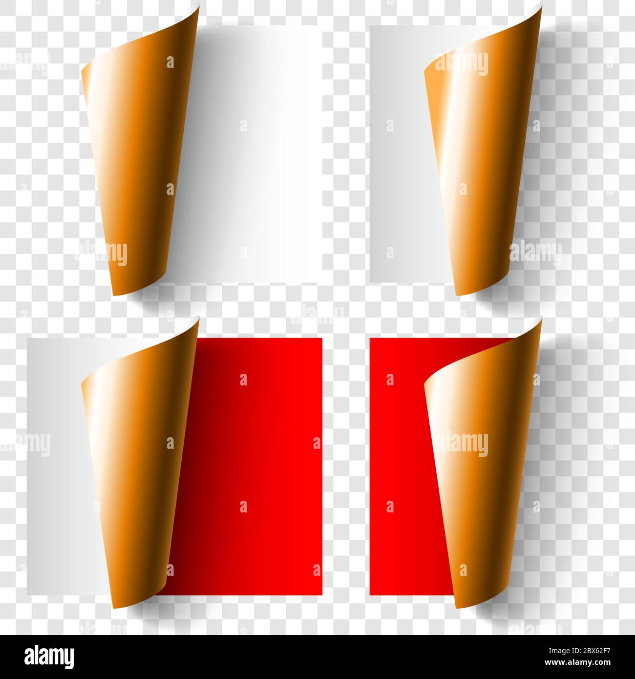 Set of realistic curled paper corners in white, red and golden colors ...