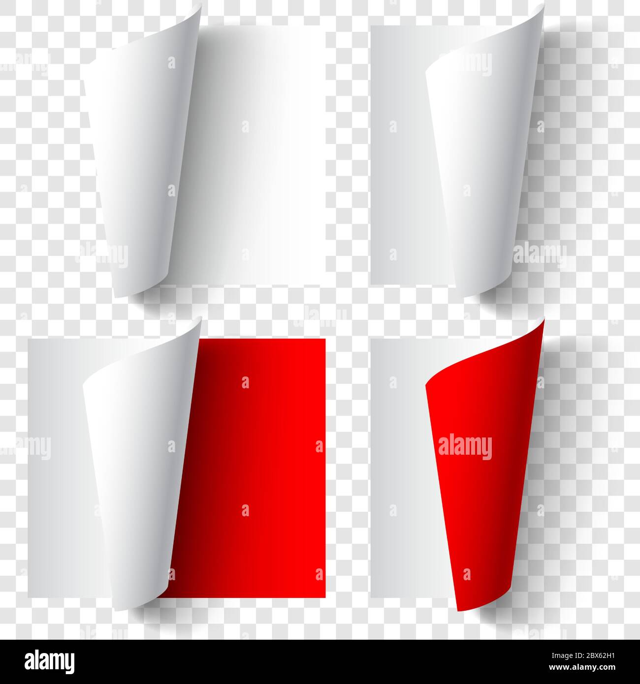 Set of realistic curled paper corners in white and red colors with ...