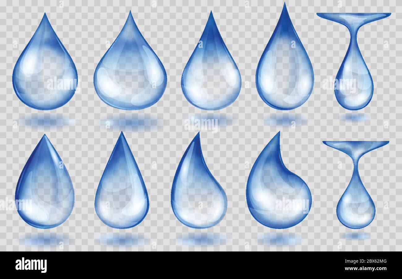 Set of translucent water drops in blue colors in various shapes ...