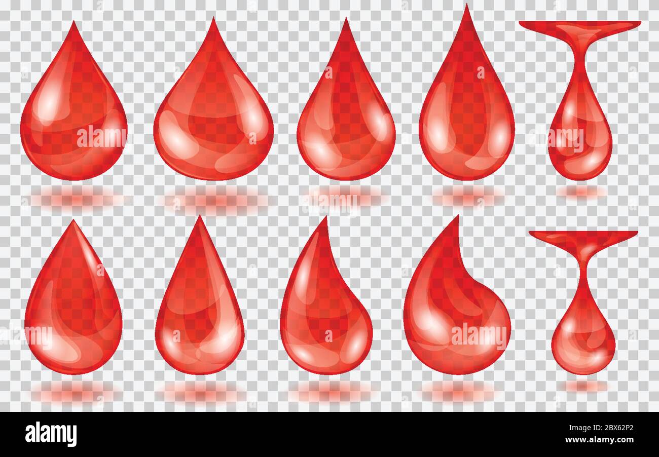 Set of translucent water drops in red colors in various shapes ...
