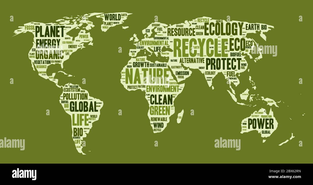 Word cloud in a shape of world map, eco theme, vector illustration ...