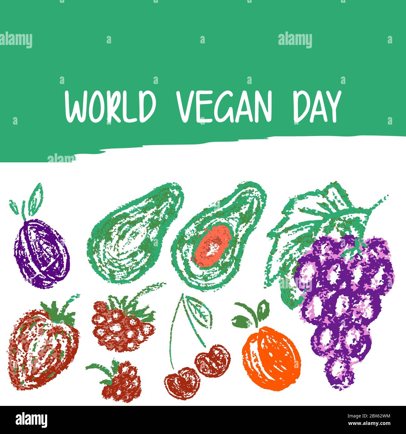 Children's drawing colored crayons. World Vegan Day. Plum, avocado ...