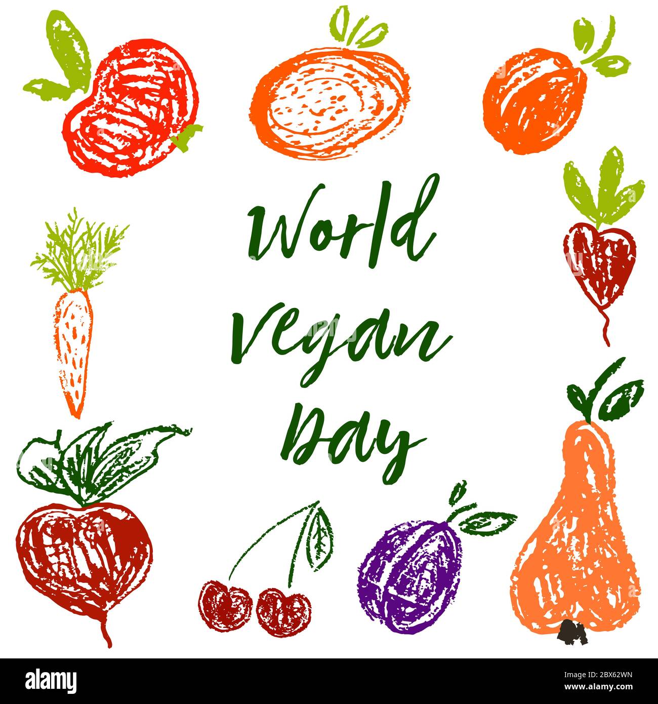 World Vegan Day. Children's drawing with colored wax crayons. Apricot ...