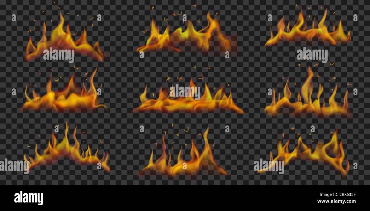 Set of translucent horizontal fire flames on transparent background ...