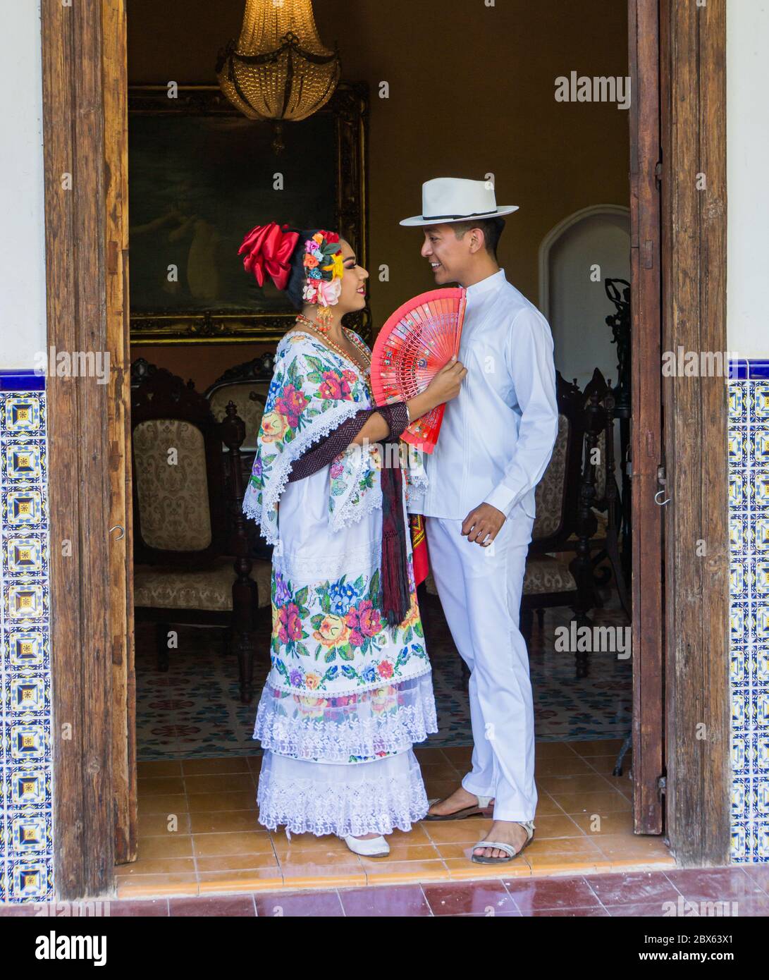 Meridayucatanmexico February 292020man And Woman In Traditional Costumes Meet In Haciendas