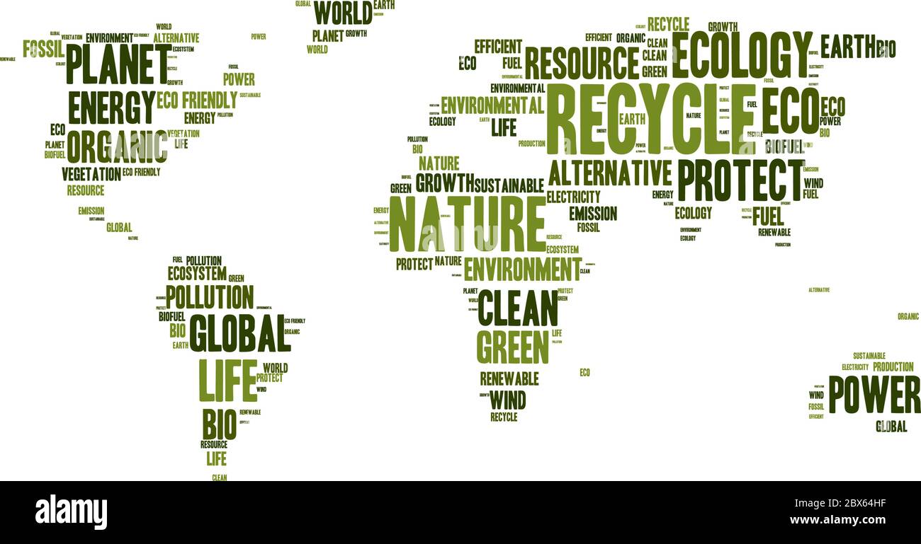 Word cloud in a shape of world map, eco theme, vector illustration ...
