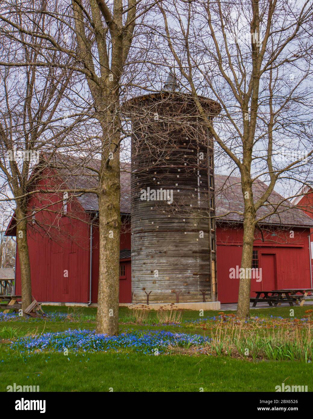 historic restored round wooden silo and red barn in spring Stock Photo ...