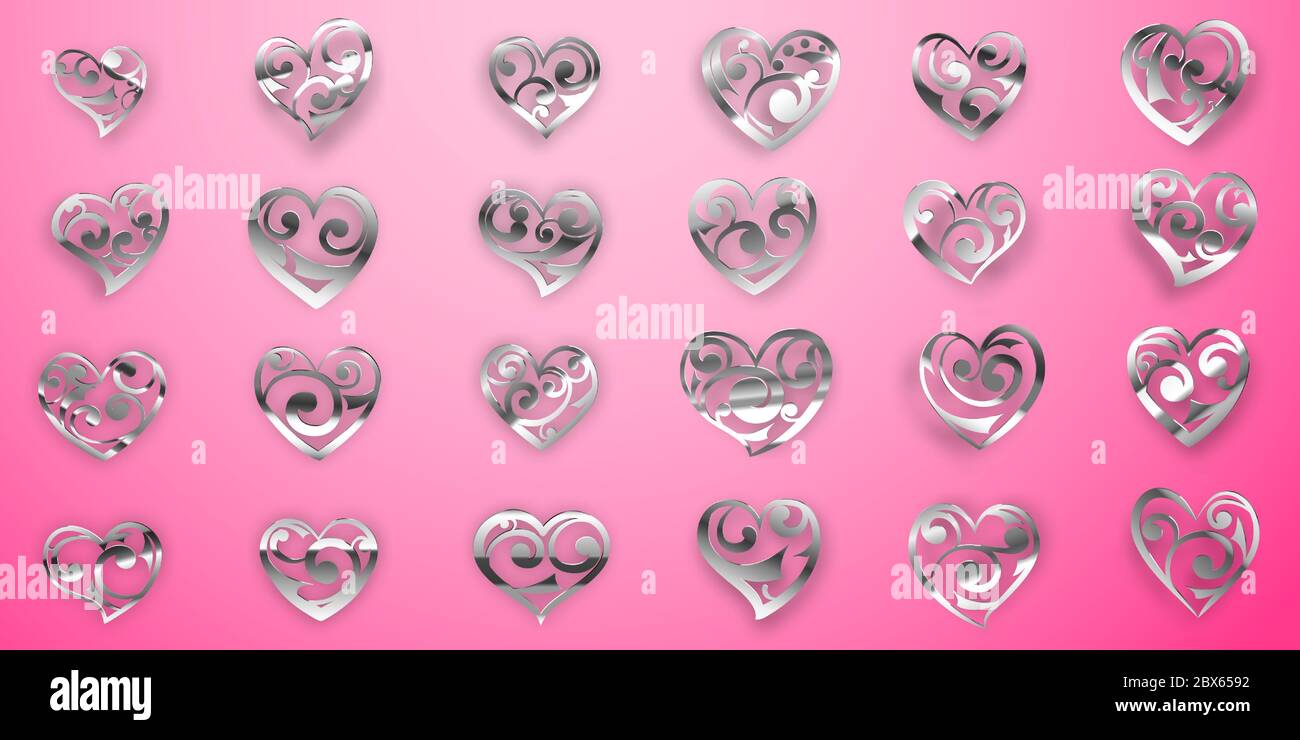 Set of shiny silver heart symbols with curls, glares and shadows on ...