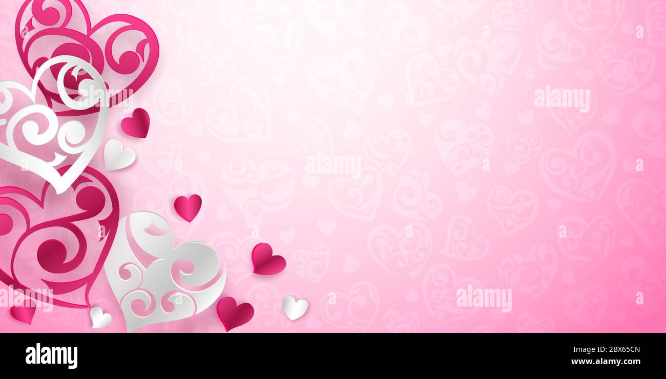 Valentine's day card with red and white hearts with curls and shadows ...