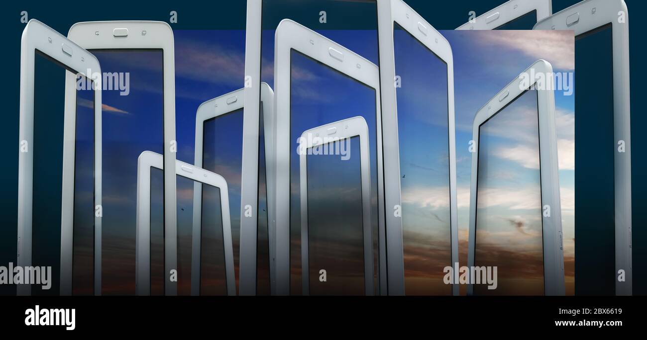 Artistic vision of a virtual city made with electronic tablets ...