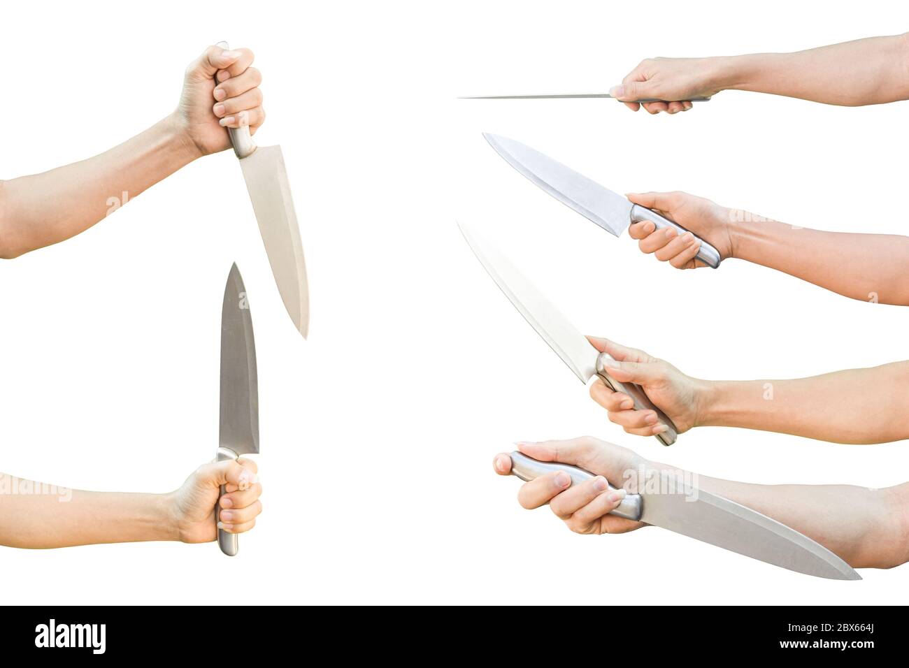 Collection of hand holding stainless knife isolated on white background ...