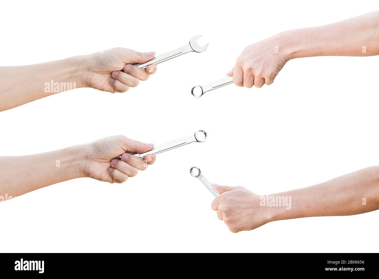 Set of hand holding a spanner isolated on a white background with ...
