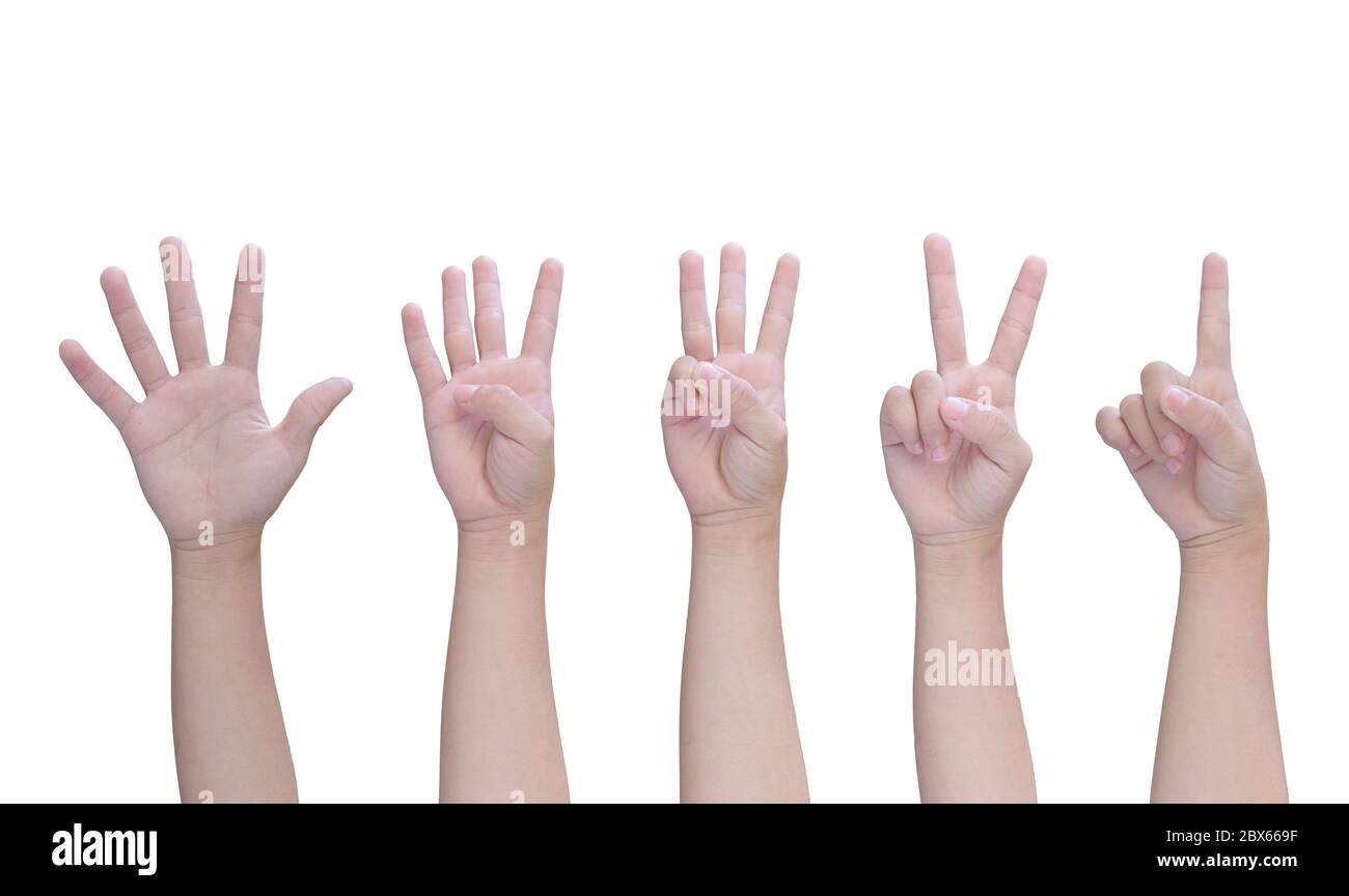 Children hand showing one to five fingers count Isolated on white background, with clipping path ...